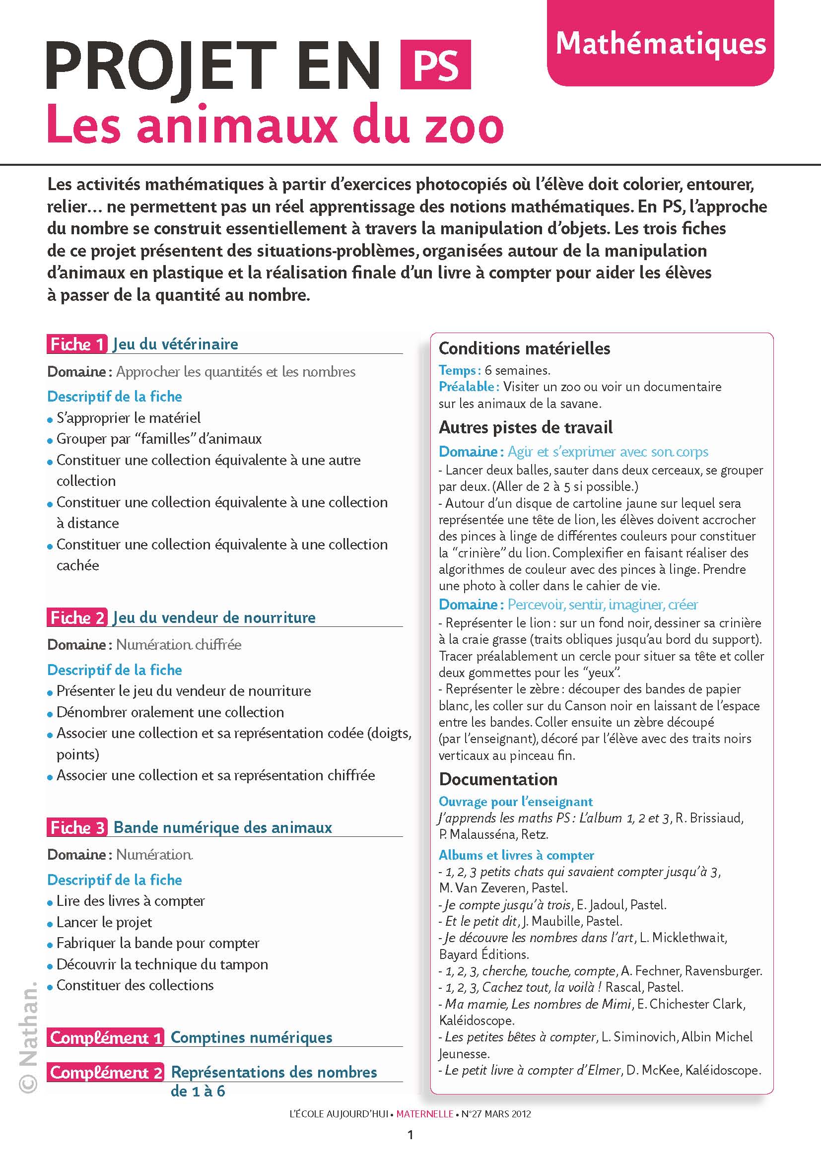 Aimaux du zoo - Fiche pédagogique | Editions Nathan | Editions Nathan